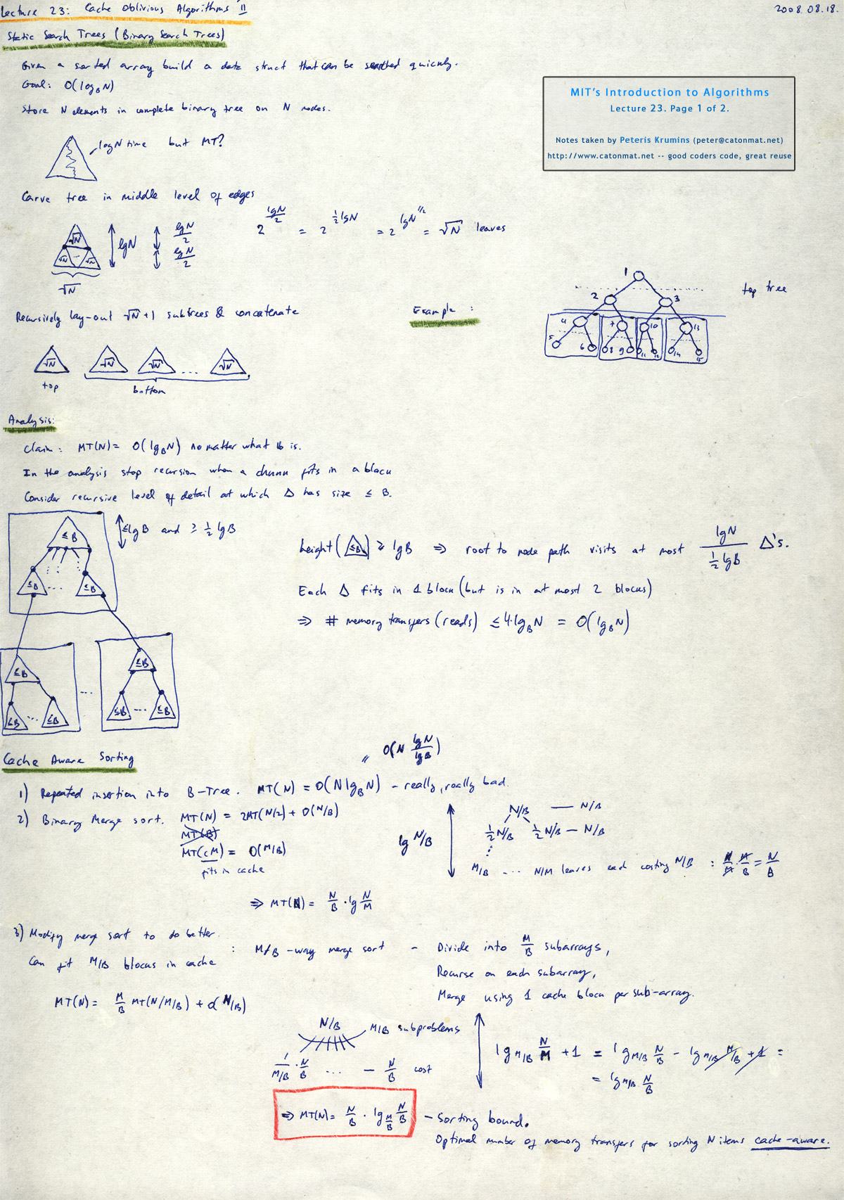 MIT's Introduction to Algorithms, Lectures 22 and 23: Cache Oblivious ...